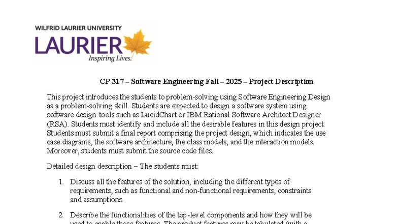 CP 317 Software Engineering Fall 2025 Project Guidelines - Studocu