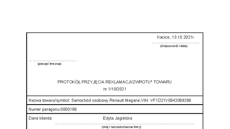 Wzór protokołu zwrotu towarów - Kacice, 13.10
