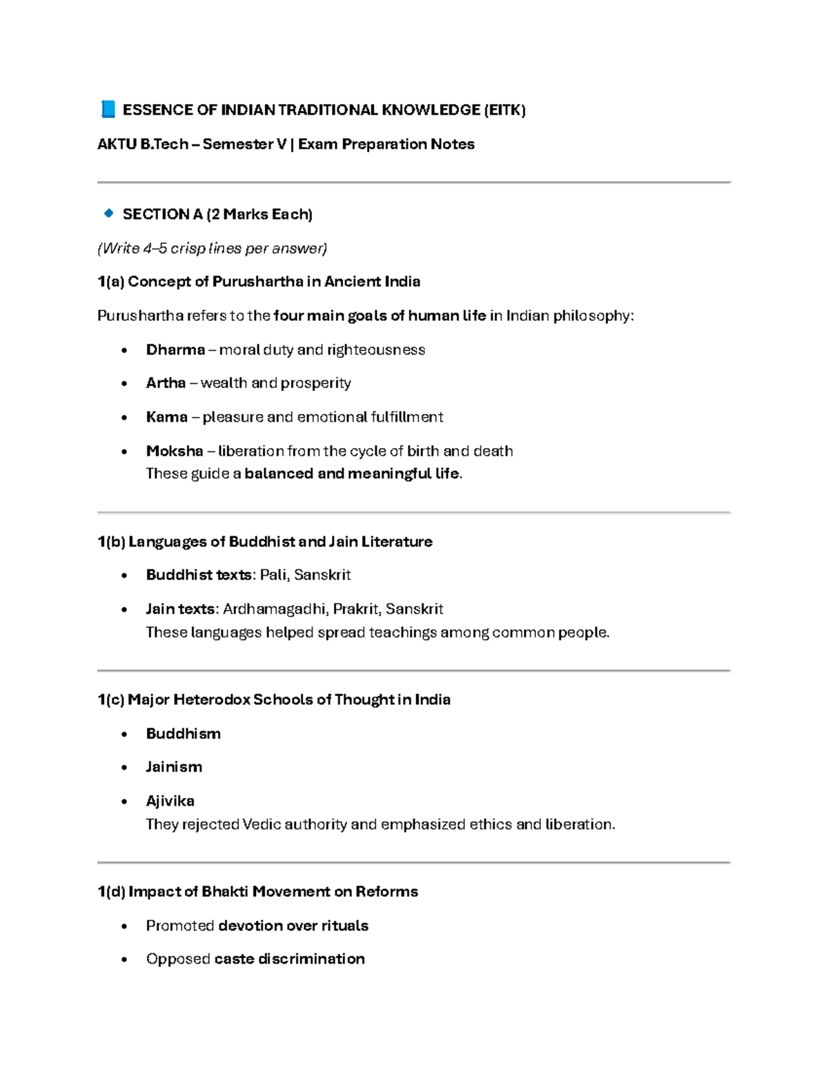 EITK - B.Tech Semester V Exam Prep Notes: Indian Traditional Knowledge ...