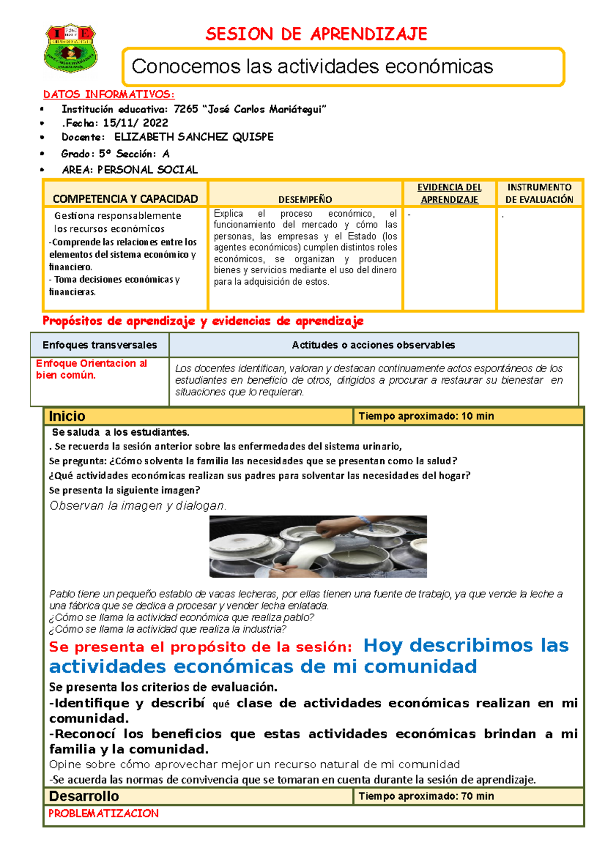 Sesion 15 noviembre Personal - SESION DE APRENDIZAJE DATOS INFORMATIVOS: Institución educativa ...