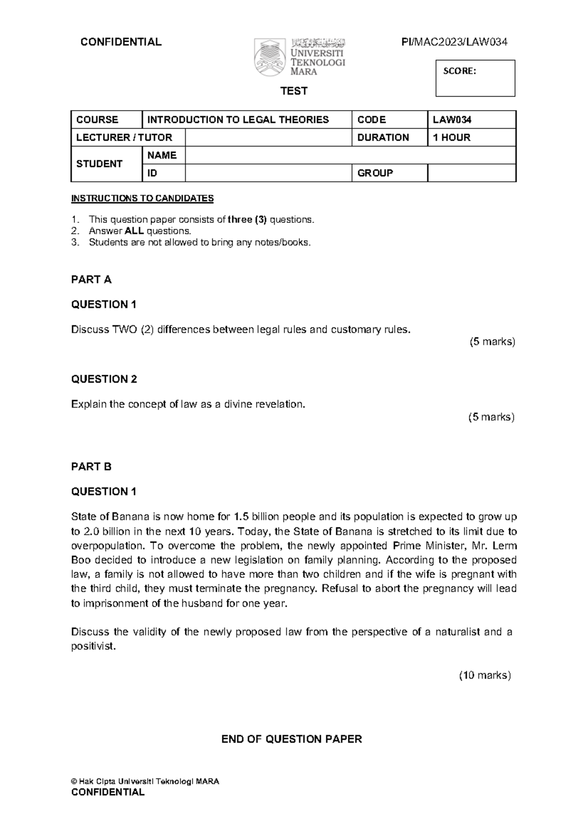 Sample law034 midterm test - CONFIDENTIAL PI/MAC 2023 /LAW © Hak Cipta ...