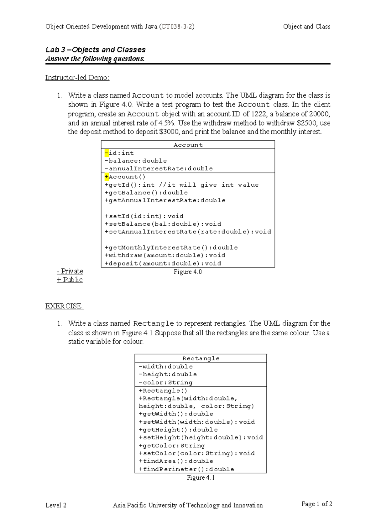 OOP with Java: Lab 3 - Account & Rectangle Class Exercises - Studocu
