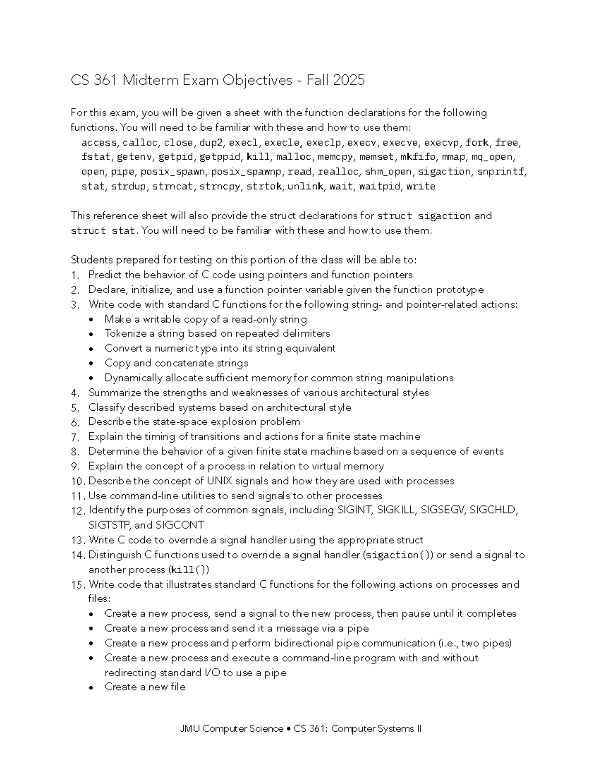 CS 361 Midterm Exam Objectives - Fall 2025: C Functions & Processes ...