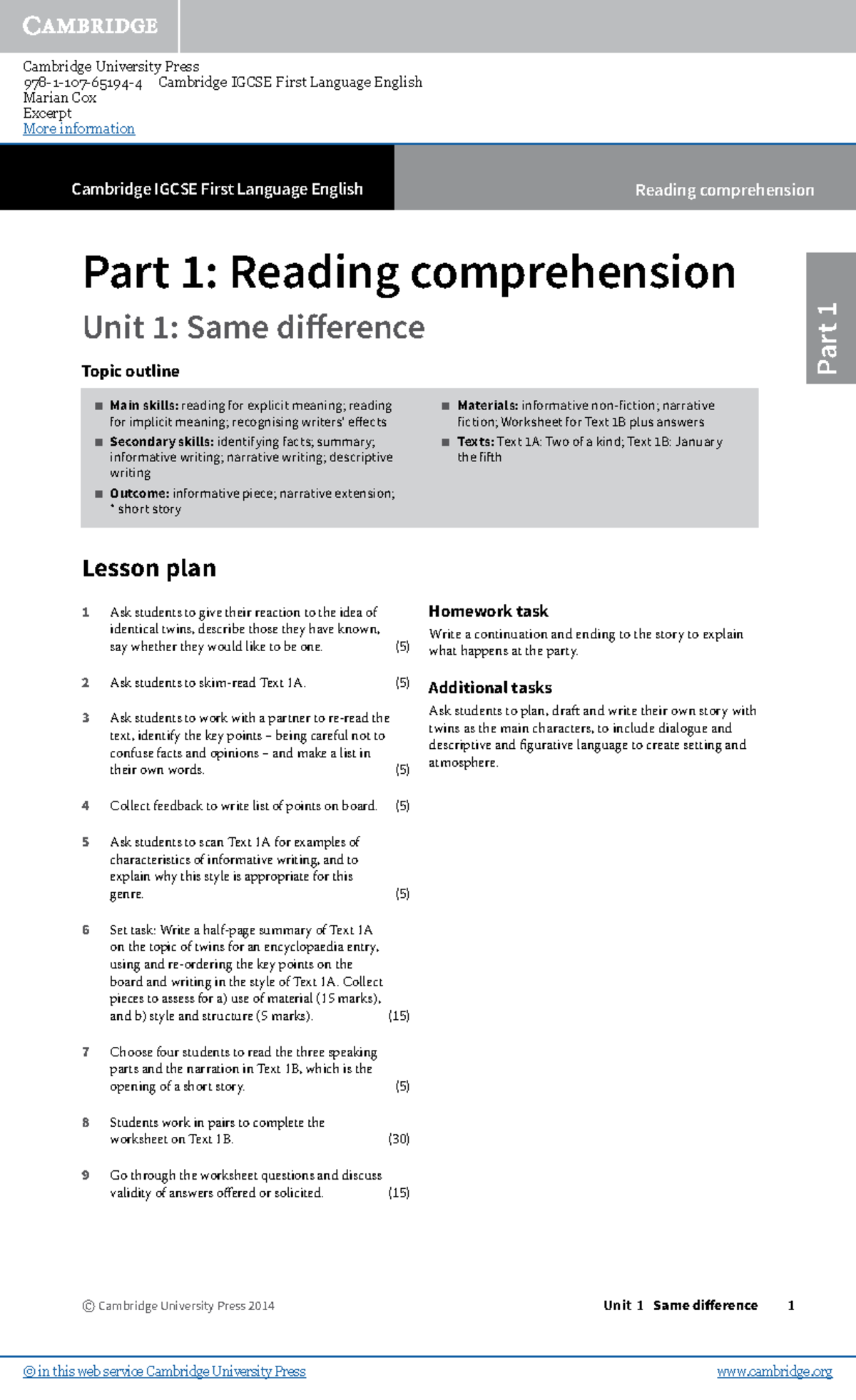 Cambridge IGCSE First Language English: Reading Comprehension Unit 1 ...