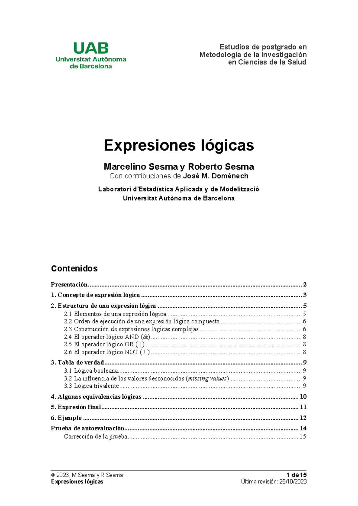 Expresiones Lógicas en Investigación en Ciencias de la Salud - M. Sesma ...