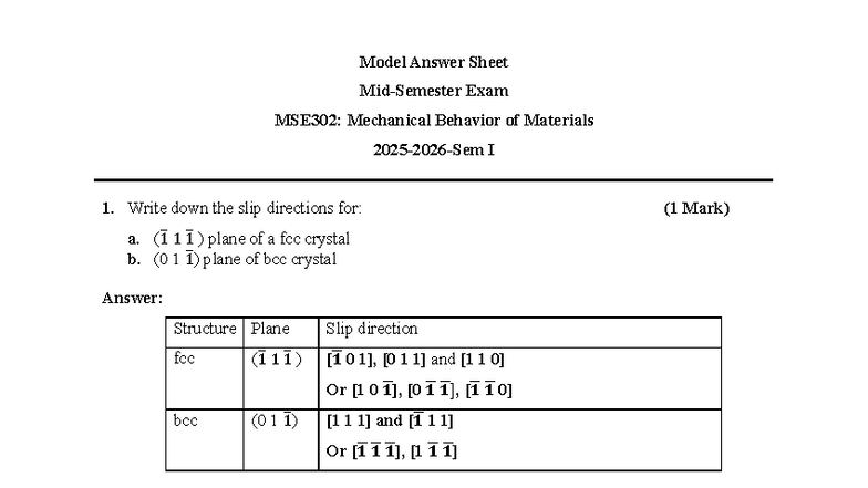 Model Answer Sheet: Midterm Exam MSE302 - Mechanical Behavior of ...