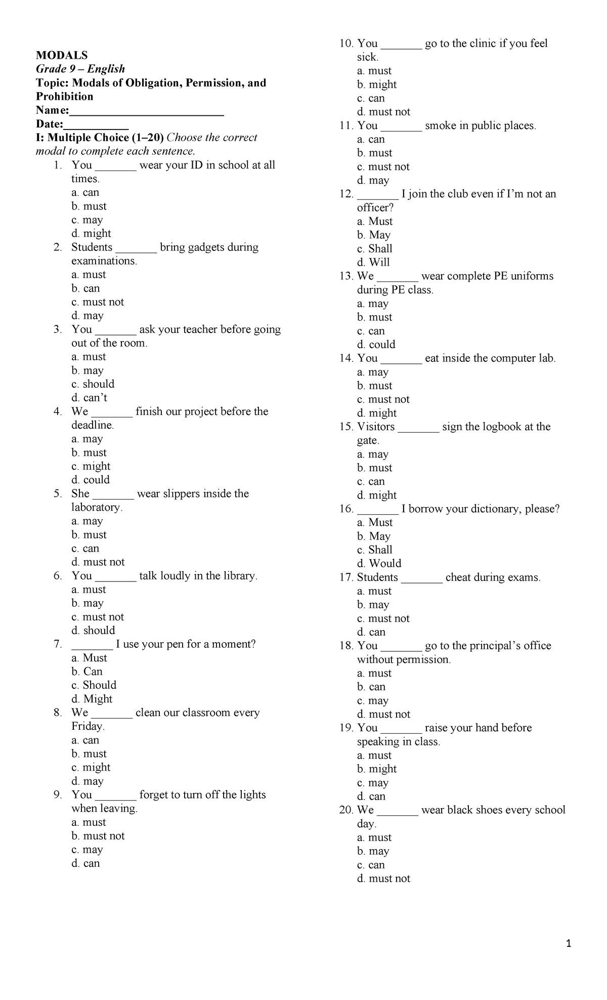 Grade 9 English: Modals of Obligation, Permission & Prohibition Quiz ...