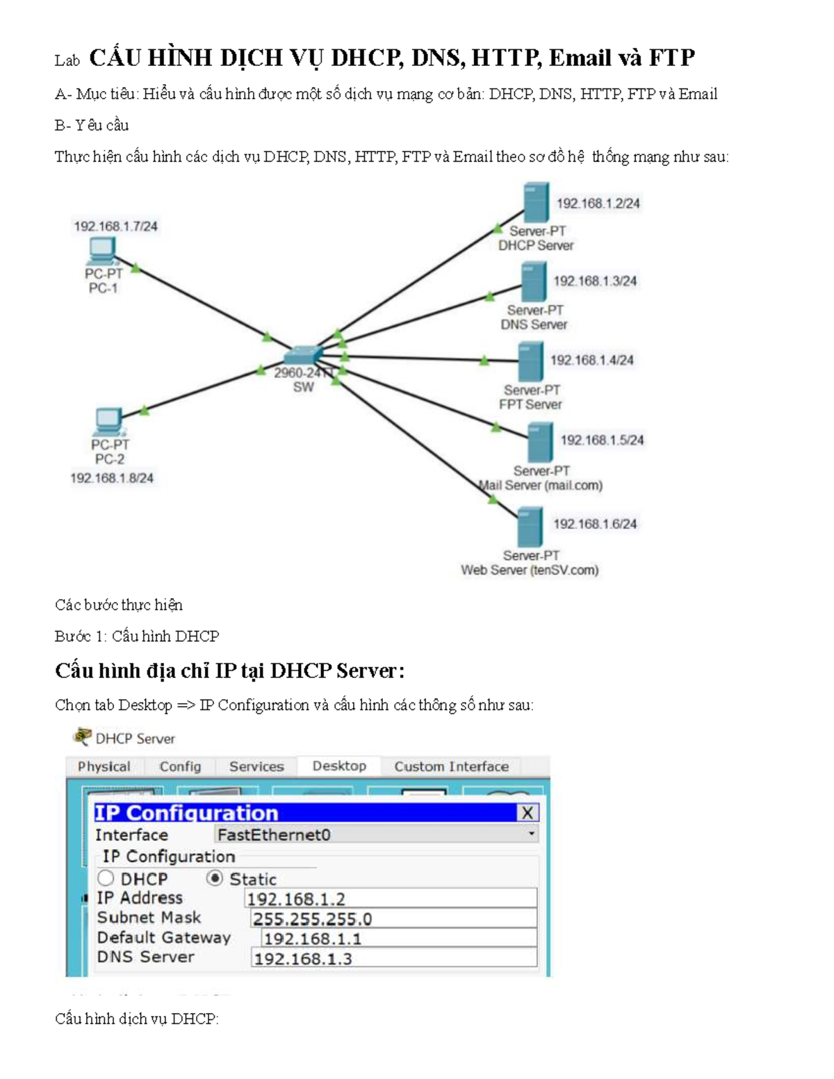 CẤU HÌNH DỊCH VỤ MẠNG: DHCP, DNS, HTTP, EMAIL, FTP - Studocu