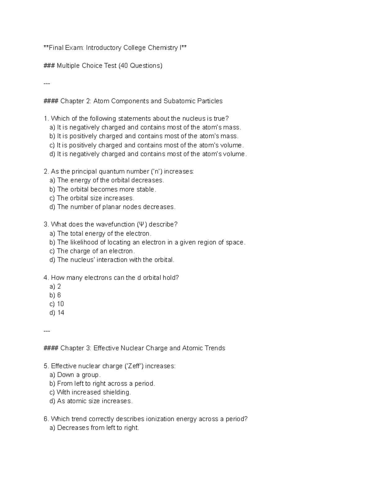 Practice Exam Questions for Final CHEM 1410: Intro to College Chemistry ...
