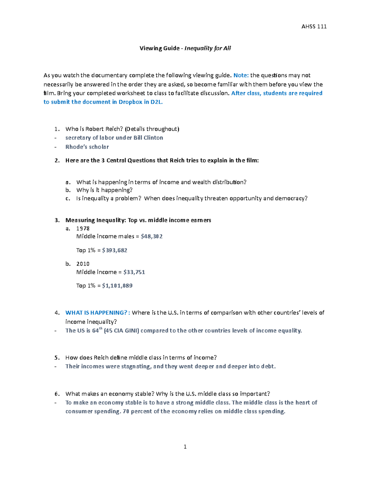 AHSS 111 Viewing Guide - Documentary: Inequality for All - Studocu