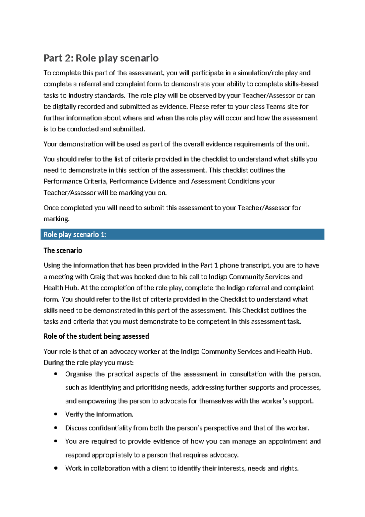 Part 2: Role Play Scenario Assessment - Submission Guidelines - Studocu
