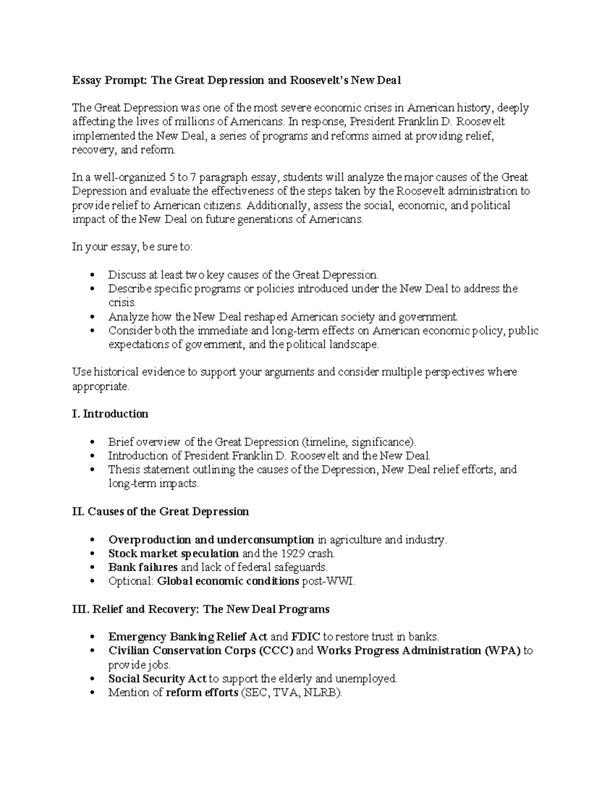 Essay Notes: The Great Depression & New Deal Analysis - Studocu