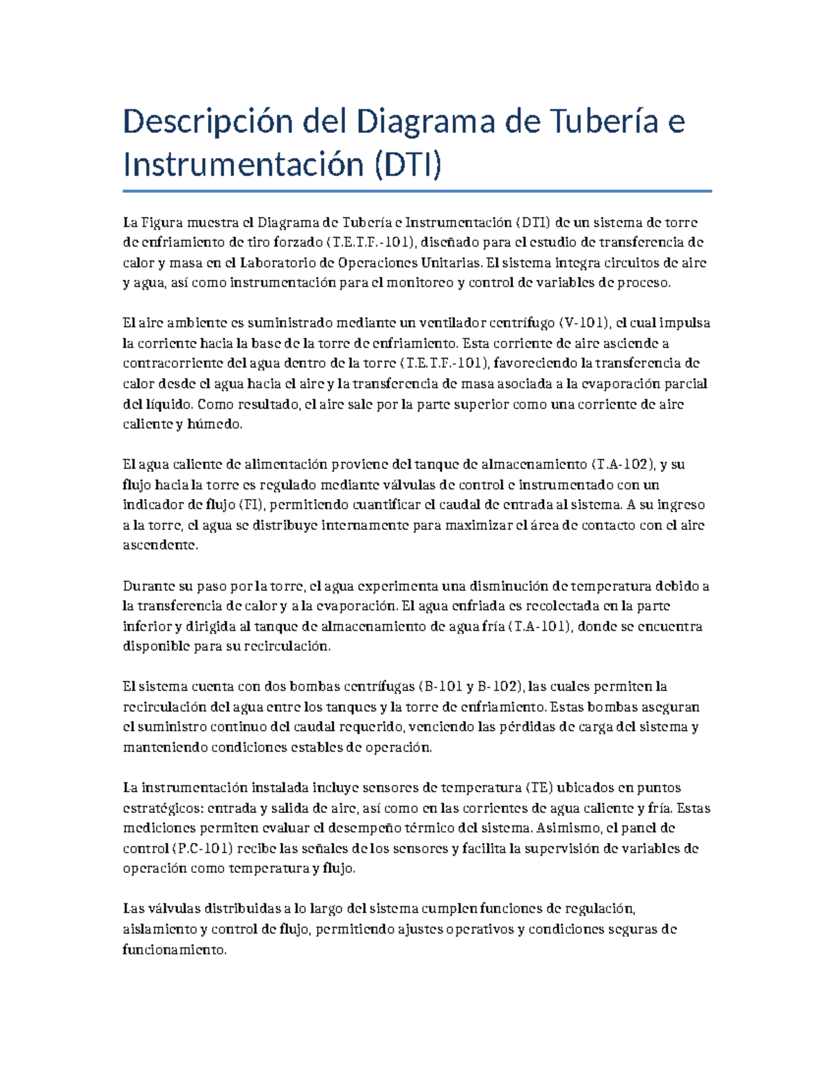 Descripción del Diagrama de Tubería e Instrumentación (DTI) - Torre de ...