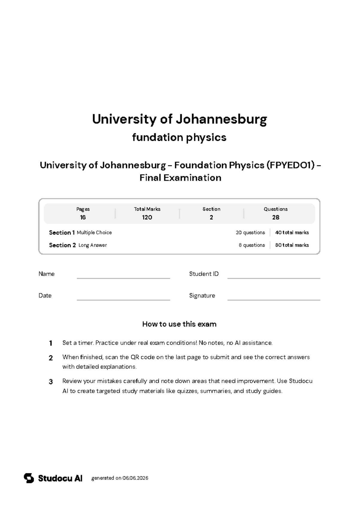 UJ Foundation Physics (FPYEDO1) - Final Exam - Studocu
