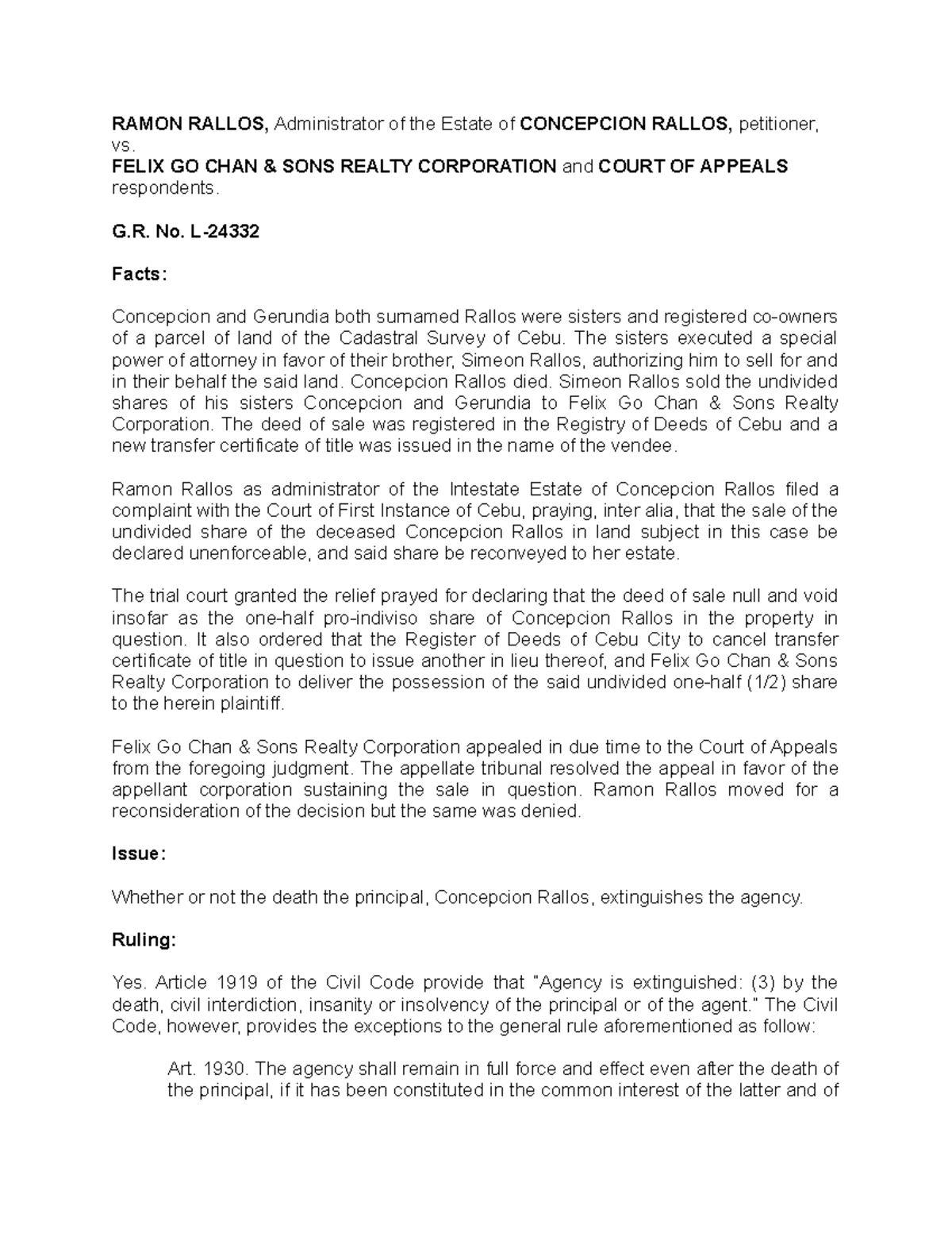 1. Rallos vs. Felix Go Chan - RAMON RALLOS, Administrator of the Estate ...