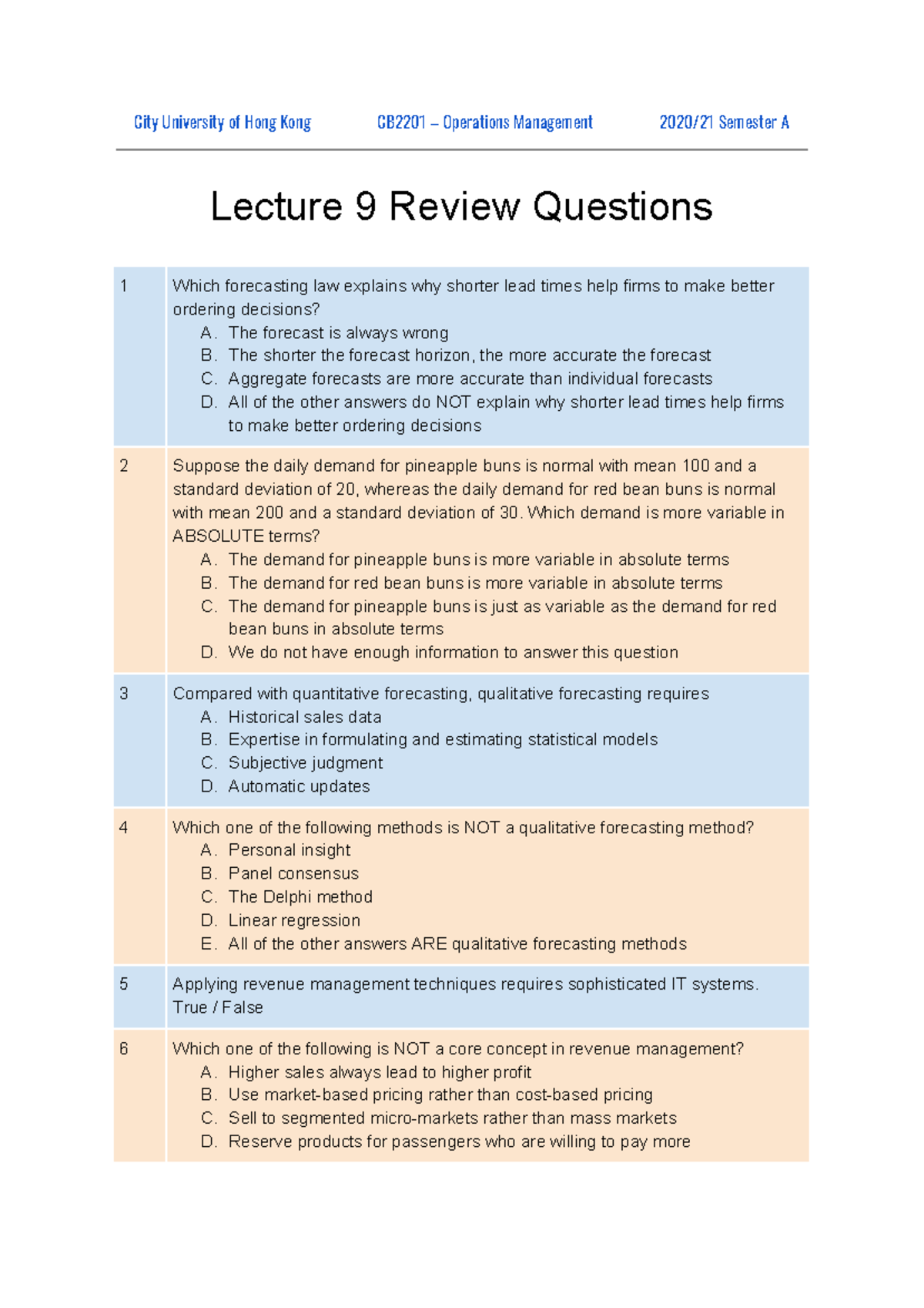 Lecture 09 CB2201 2021A - Review Q - City University of Hong Kong CB2201 – Operations Management ...