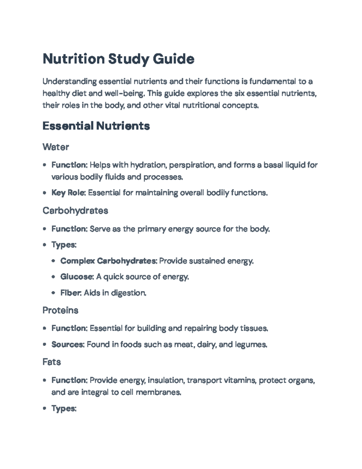 Nutrition Study Guide: Essential Nutrients and Their Functions ...