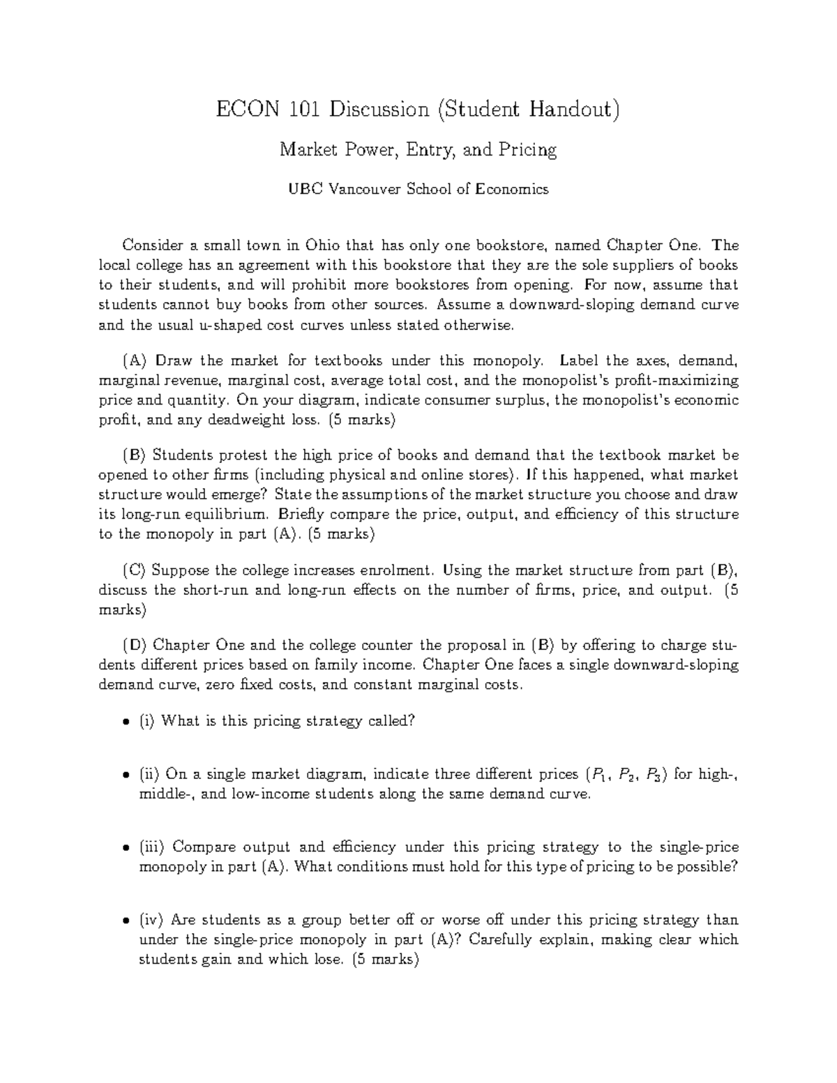 ECON 101 Discussion - Market Power & Price Discrimination Analysis ...