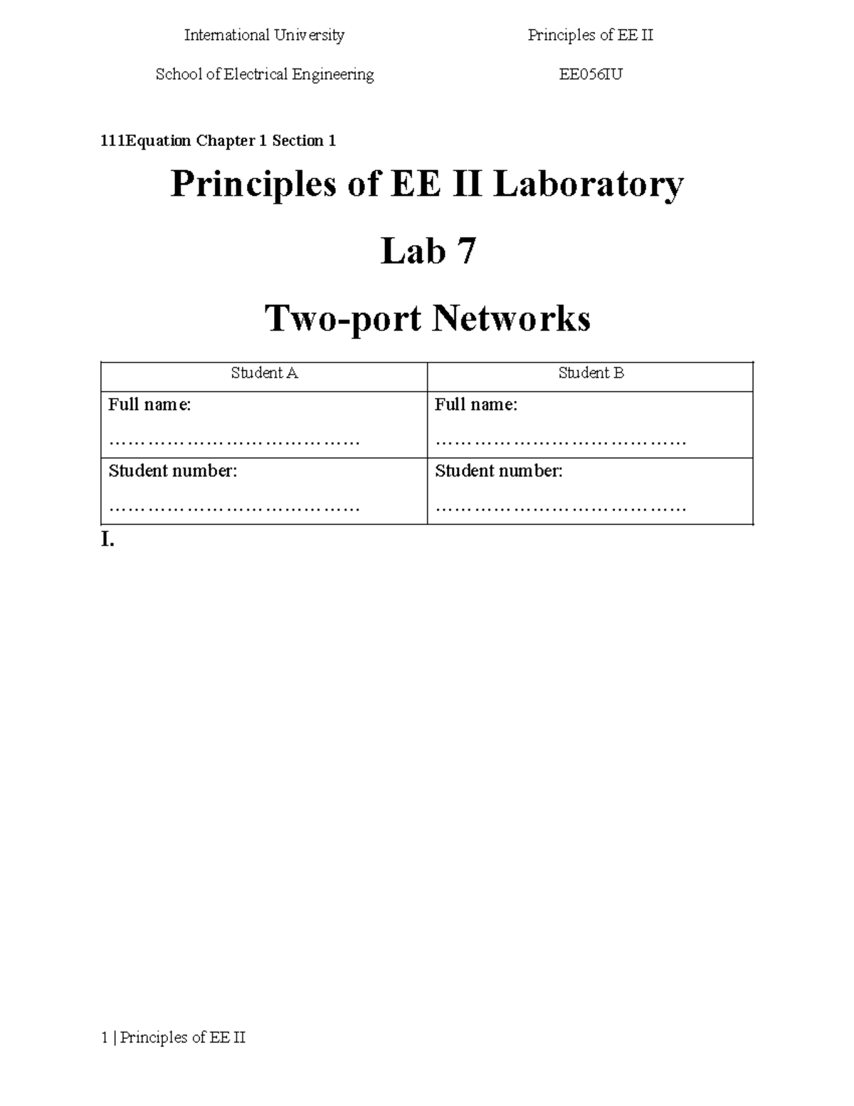 EE056IU Lab 7: Principles of EE II Networks Data Sheet - Studocu