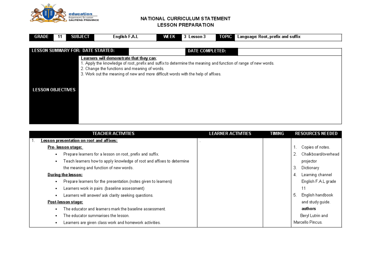 NCS Lesson Prep: Grade 11 English F.A.L - Root, Prefix & Suffix - Studocu