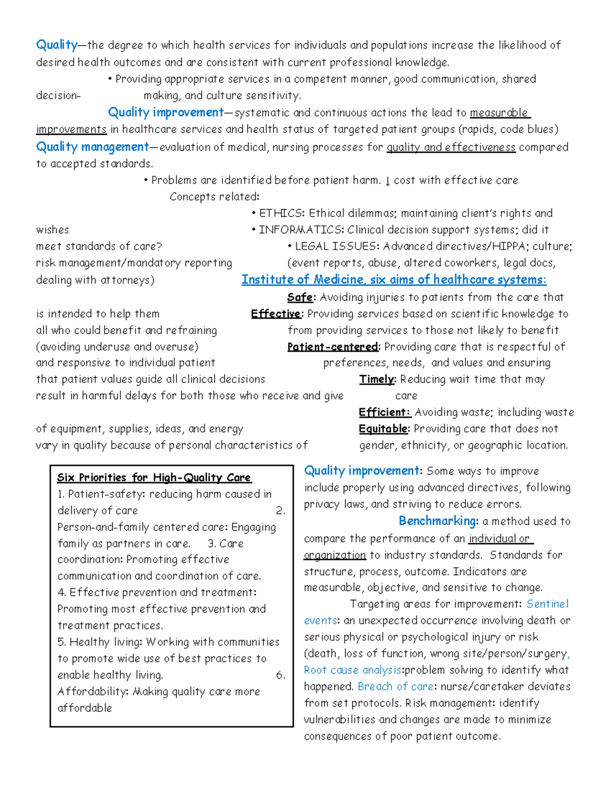 Quality Management and Safety Notes - Quality—the degree to which ...