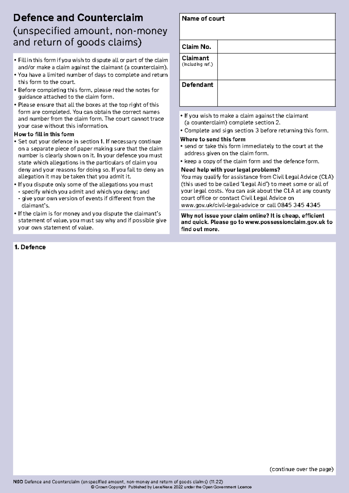 132 N9D Defence & Counterclaim Form (Unspecified Amount, Goods Claims ...