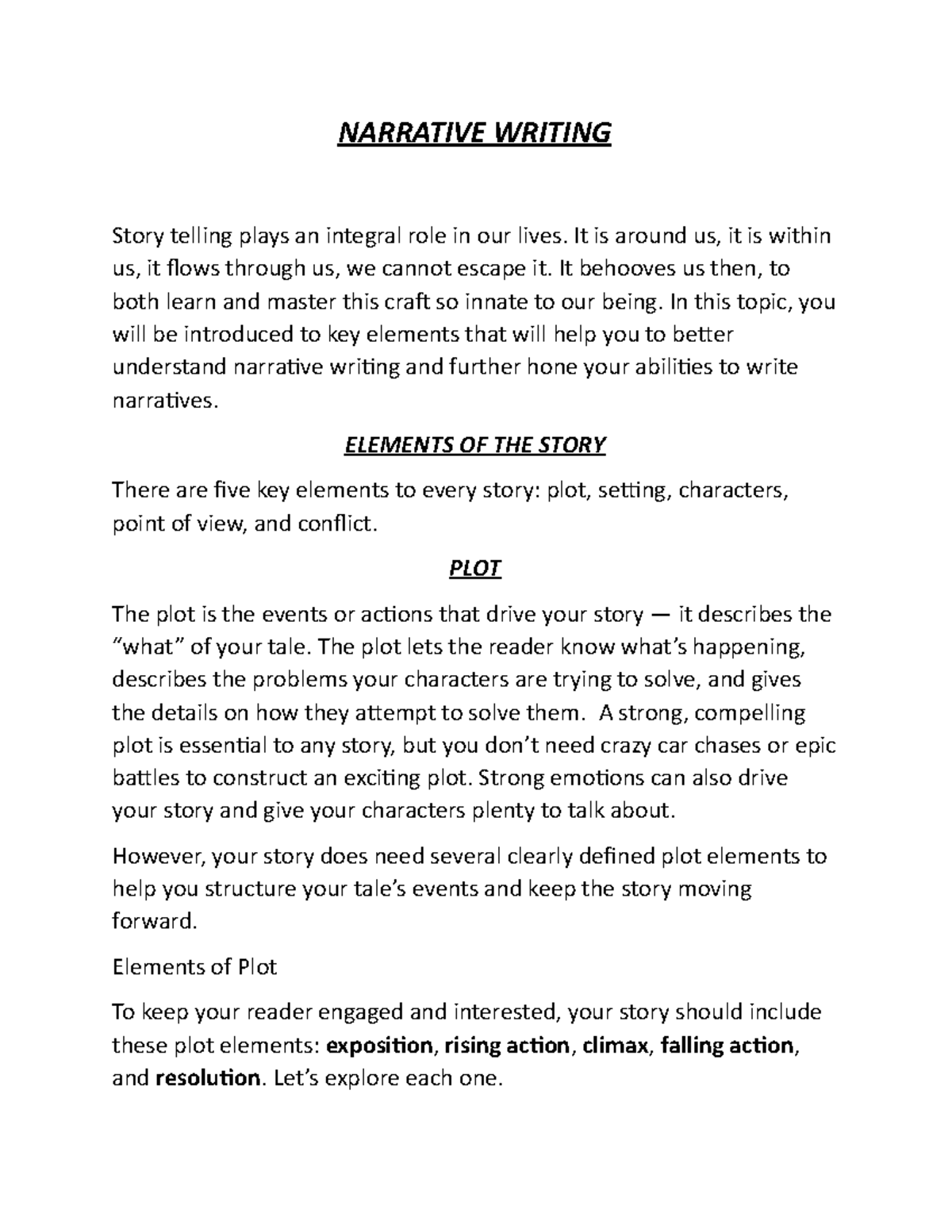 NARRATIVE WRITING NOTES: Key Elements and Techniques Explained - Studocu