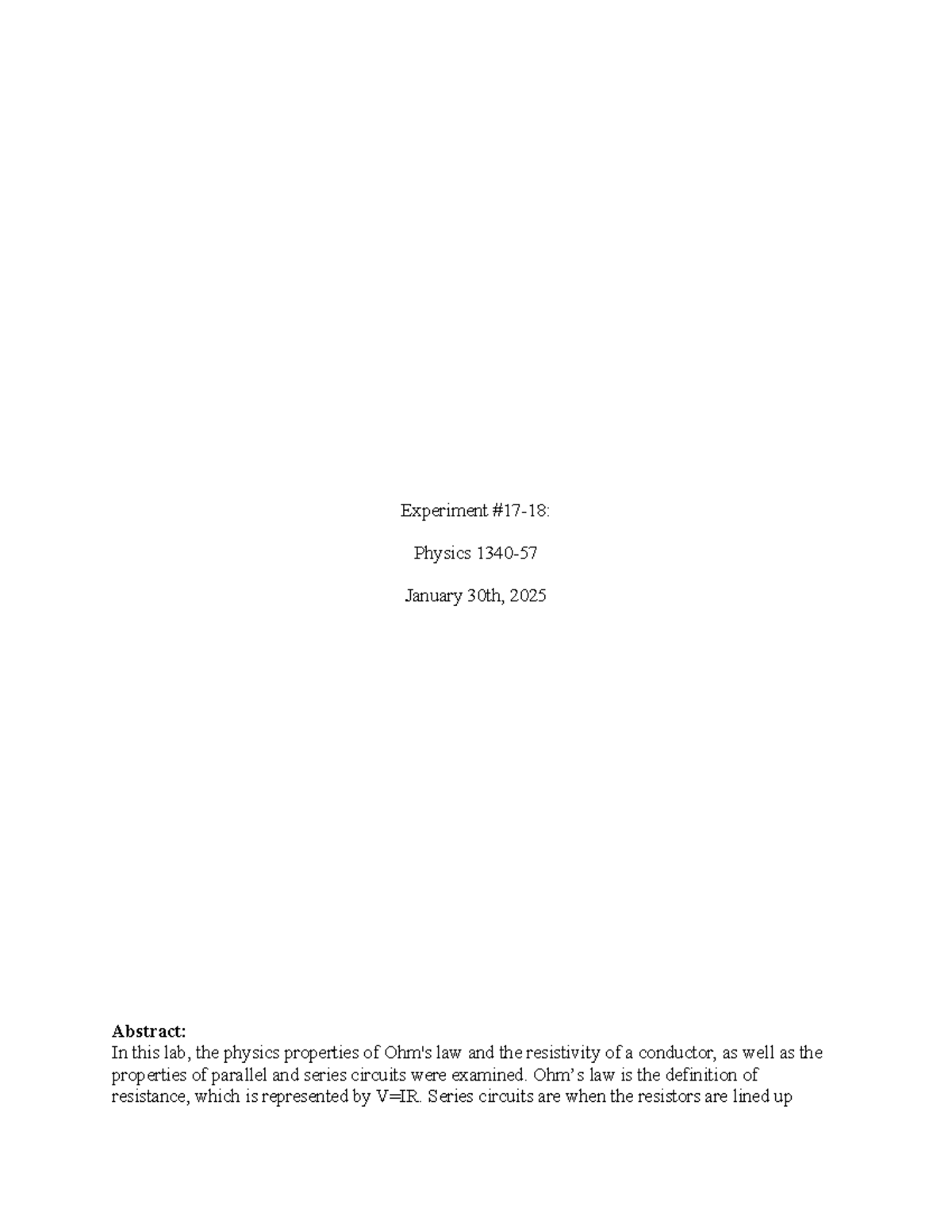 Exp17-18 - Exp 17 18 lab report - Experiment #17-18: Physics 1340 ...