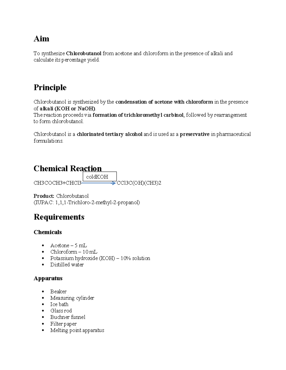 Synthesis of Chlorobutanol from Acetone & Chloroform - Exp 4 - Studocu