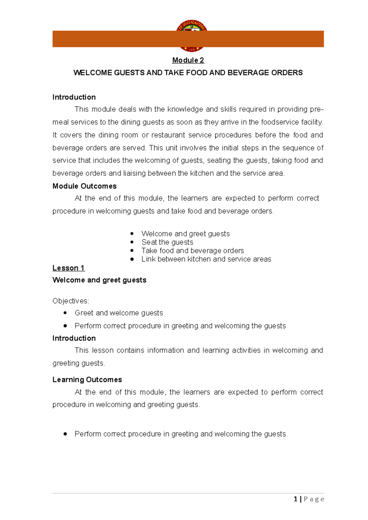 Module-2 -FBS-OP - Lecture notes 2 - Module 2 WELCOME GUESTS AND TAKE ...