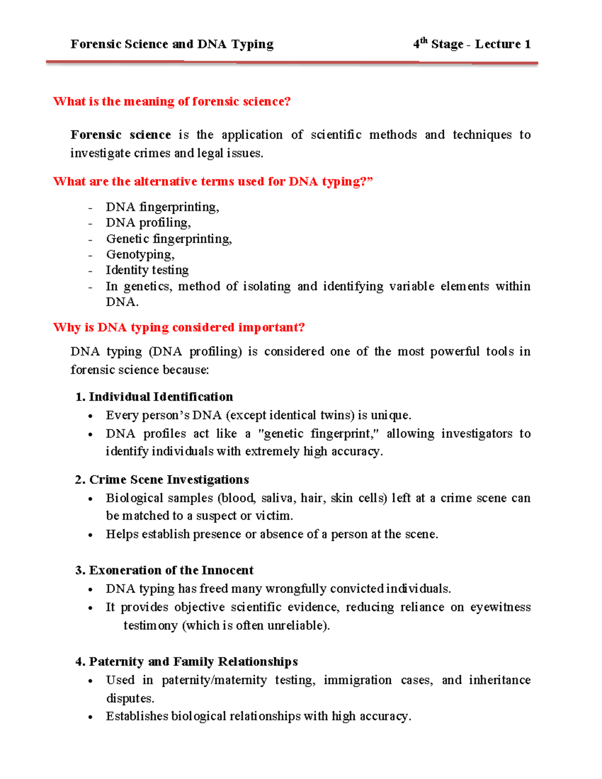 Forensic Science and DNA Typing 4th Stage Lecture 1 Overview - Studocu