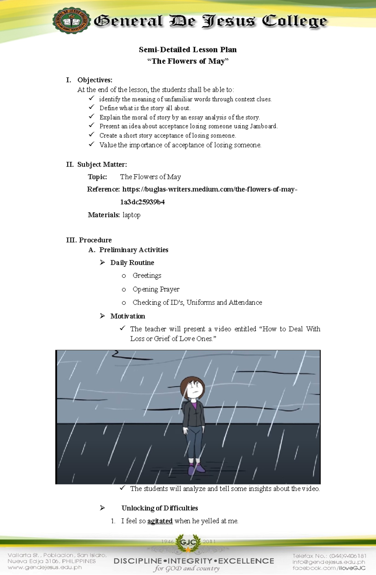 The Flowers of May - Detailed Lesson Plan for Understanding Grief - Studocu