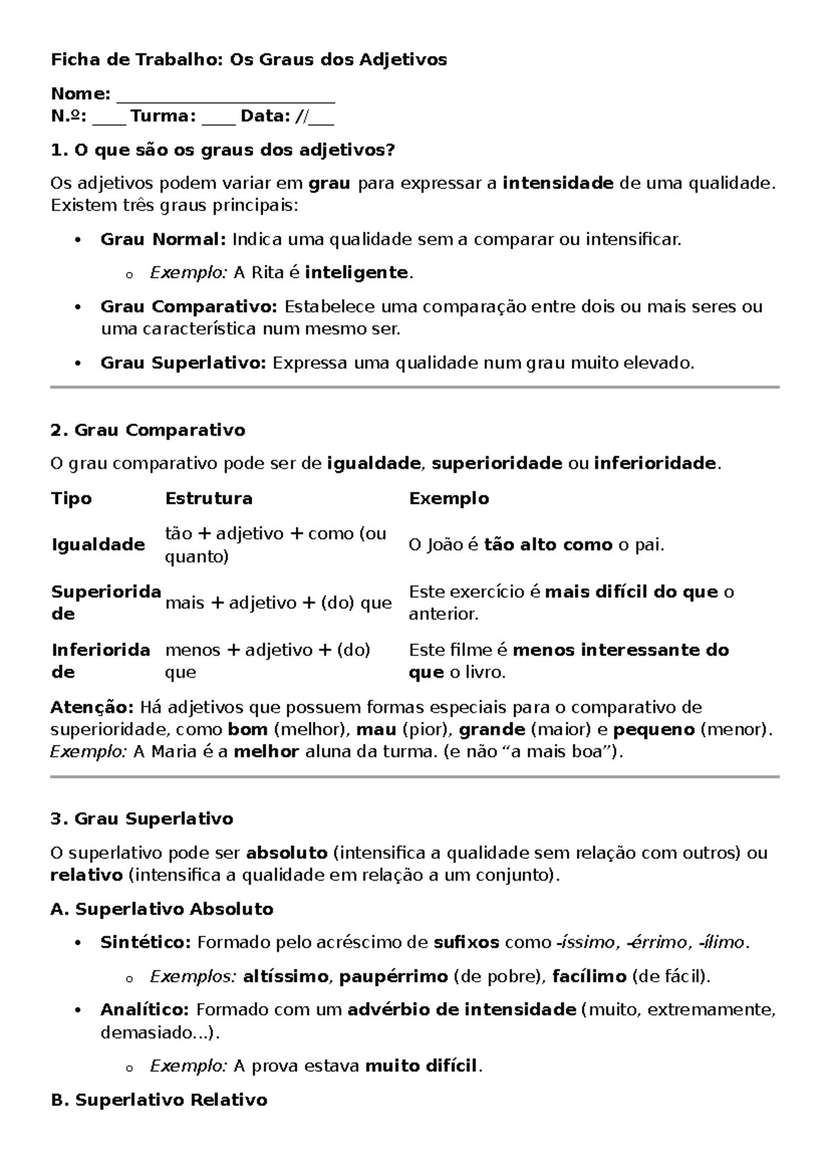 Ficha de Trabalho: Os Graus dos Adjetivos - Estudo e Exercícios - Studocu