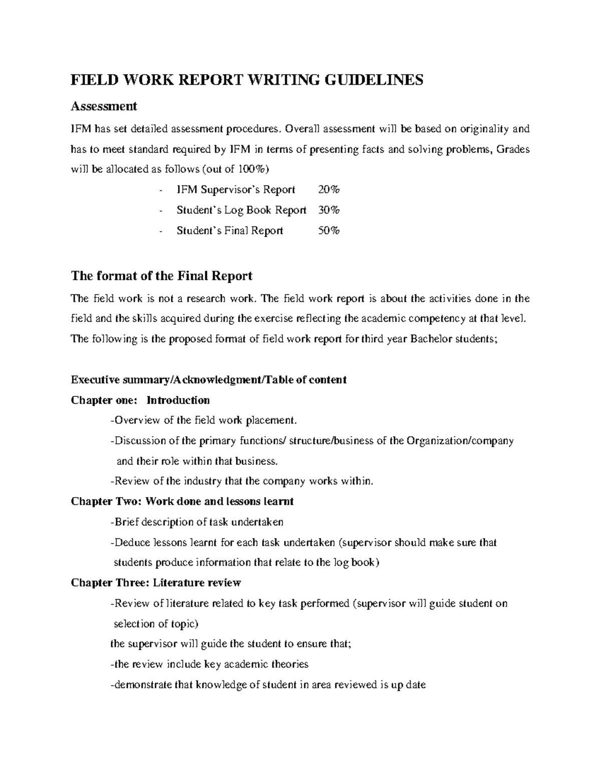 Field Work Report Writting Guideline - FIELD WORK REPORT WRITING ...