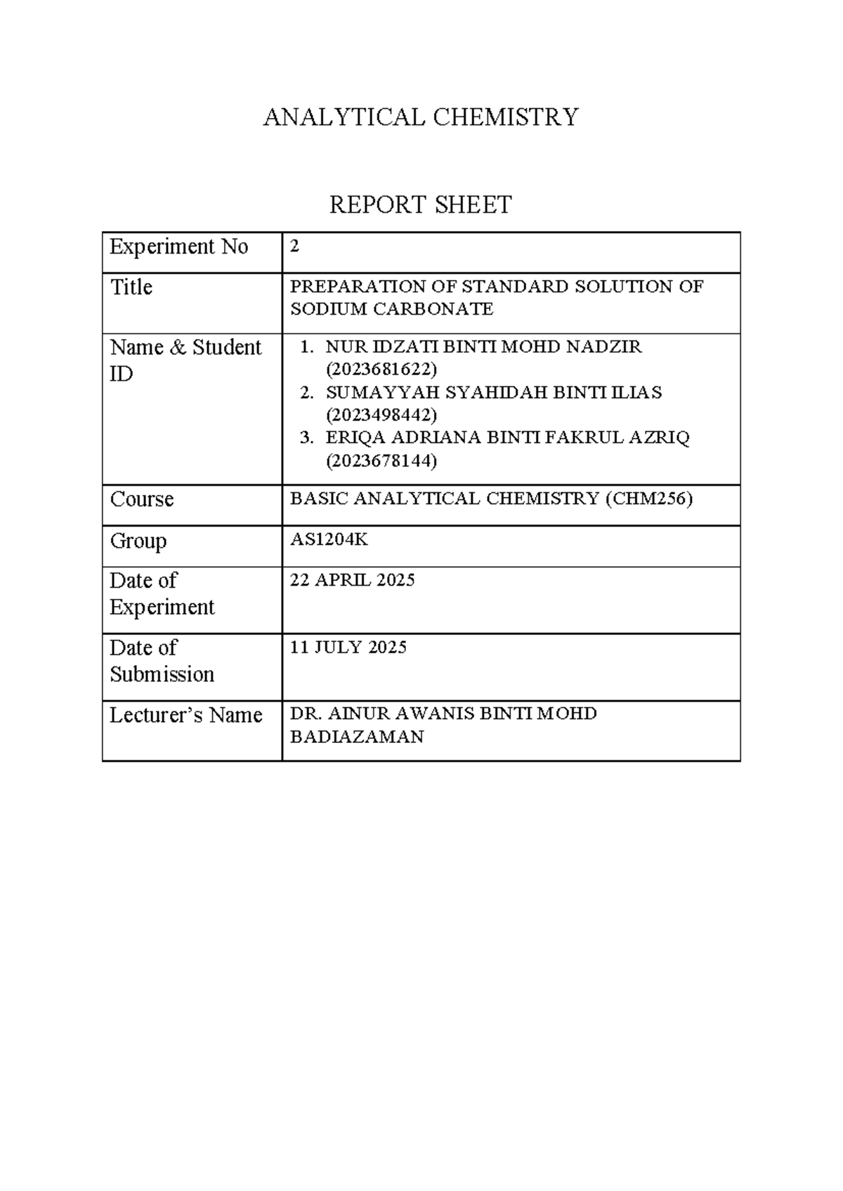 CHM256 Full Lab Report: Standard Solutions & Titration Experiments ...