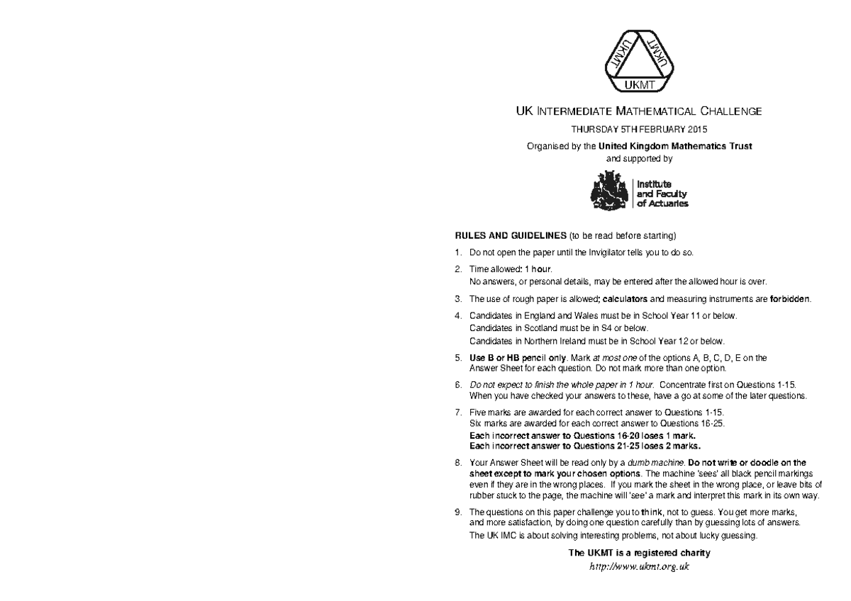 UKMT Intermediate Mathematical Challenge 2015 - Rules & Questions - Studocu