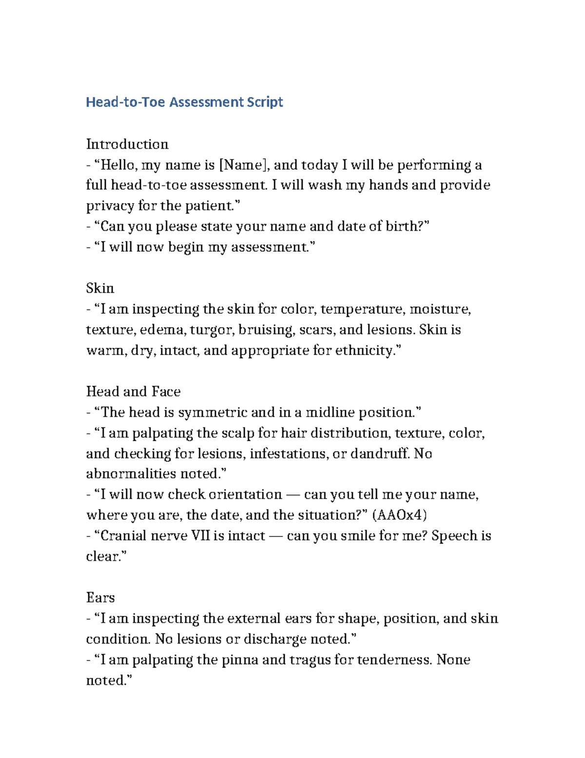 Head to Toe Assessment Script: Comprehensive Patient Evaluation - Studocu