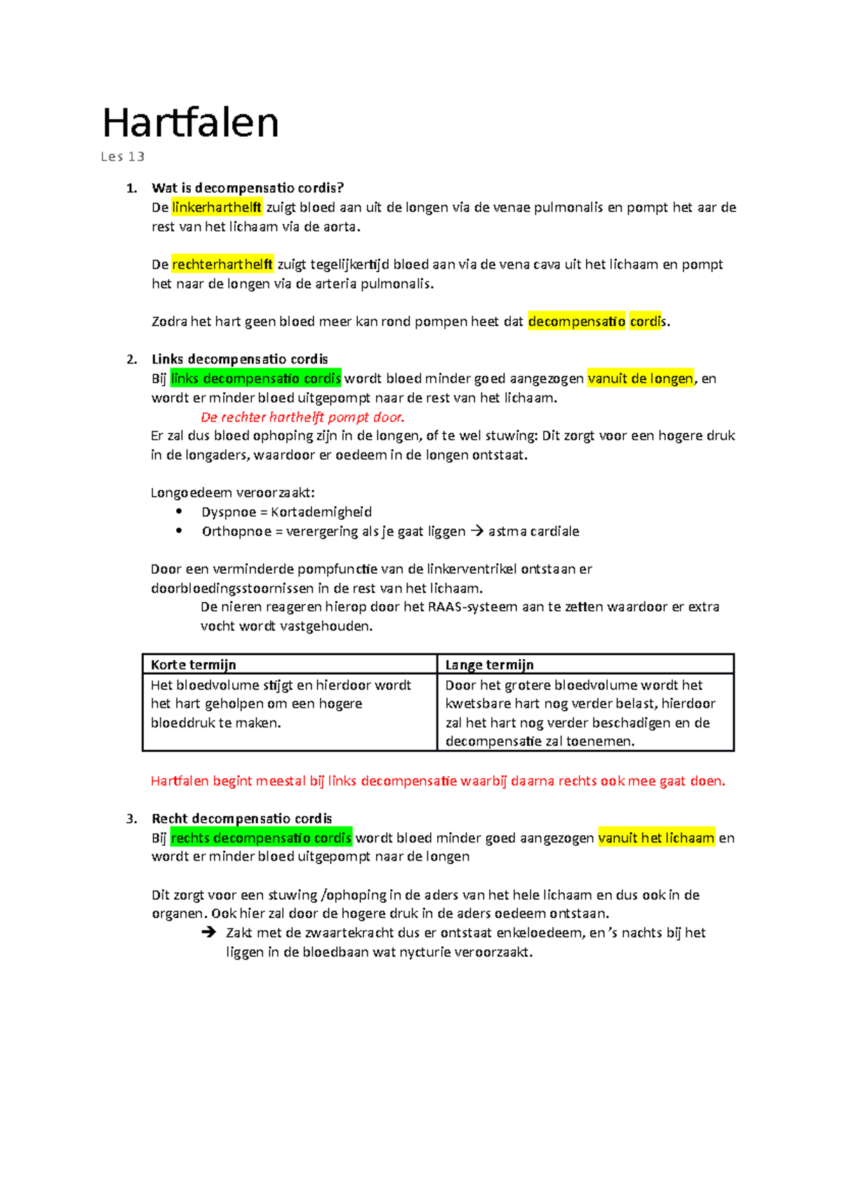 Les 13: Decompensatio Cordis en Hartfalen Uitleg - Studeersnel