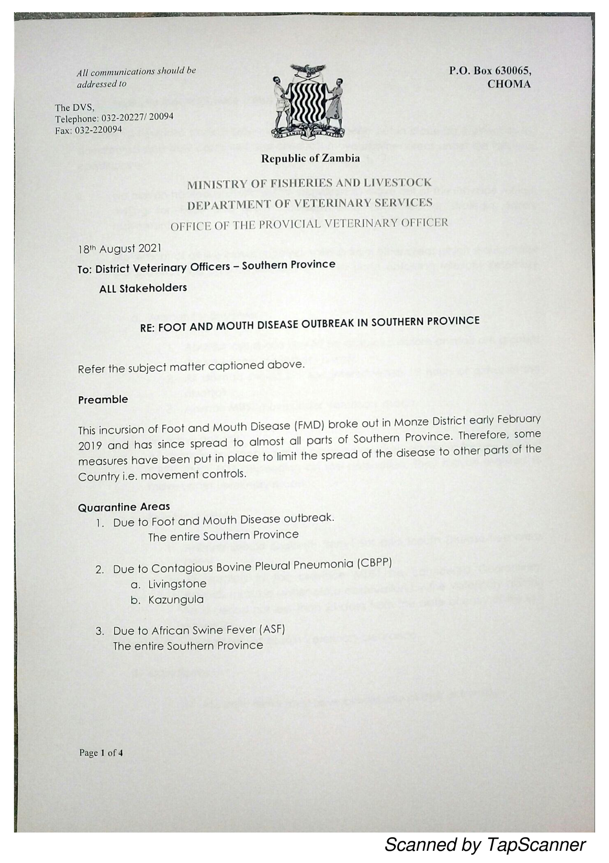 Livestock Movement Protocol for FMD Control in Southern Province - Studocu