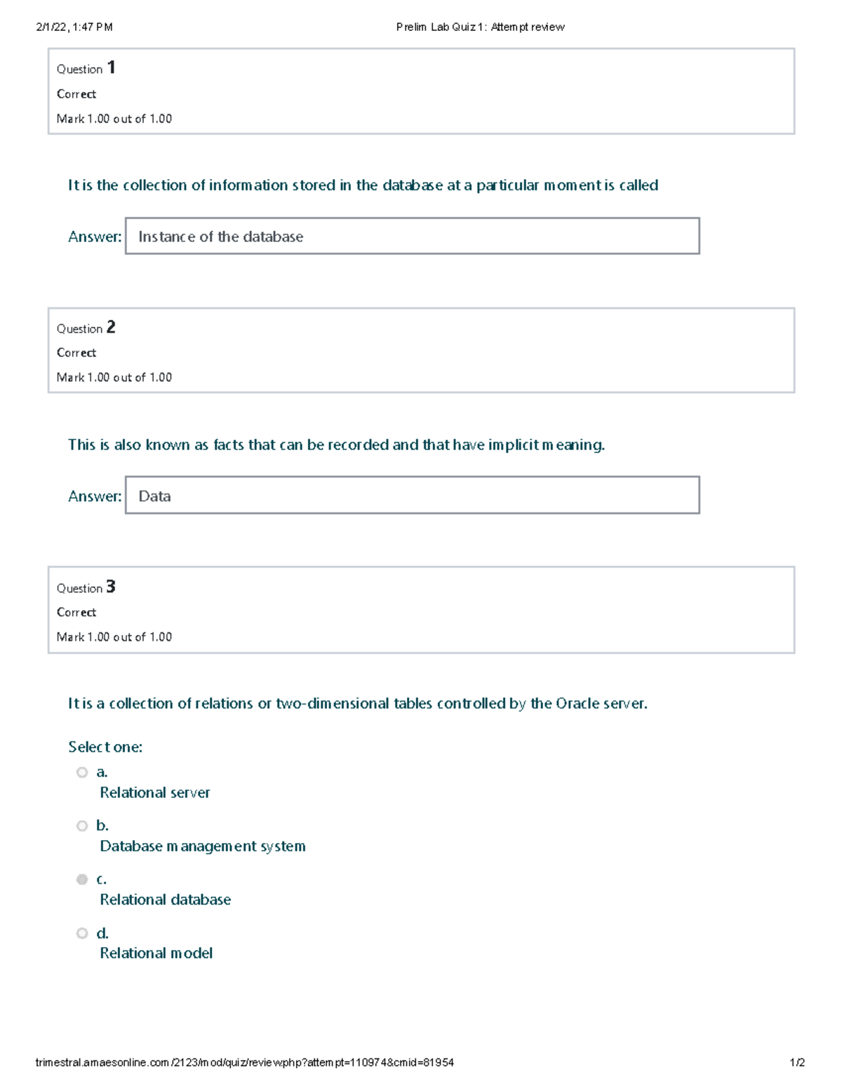 Prelim Lab Quiz 1 Review - DB Management System IT 6202 - Studocu