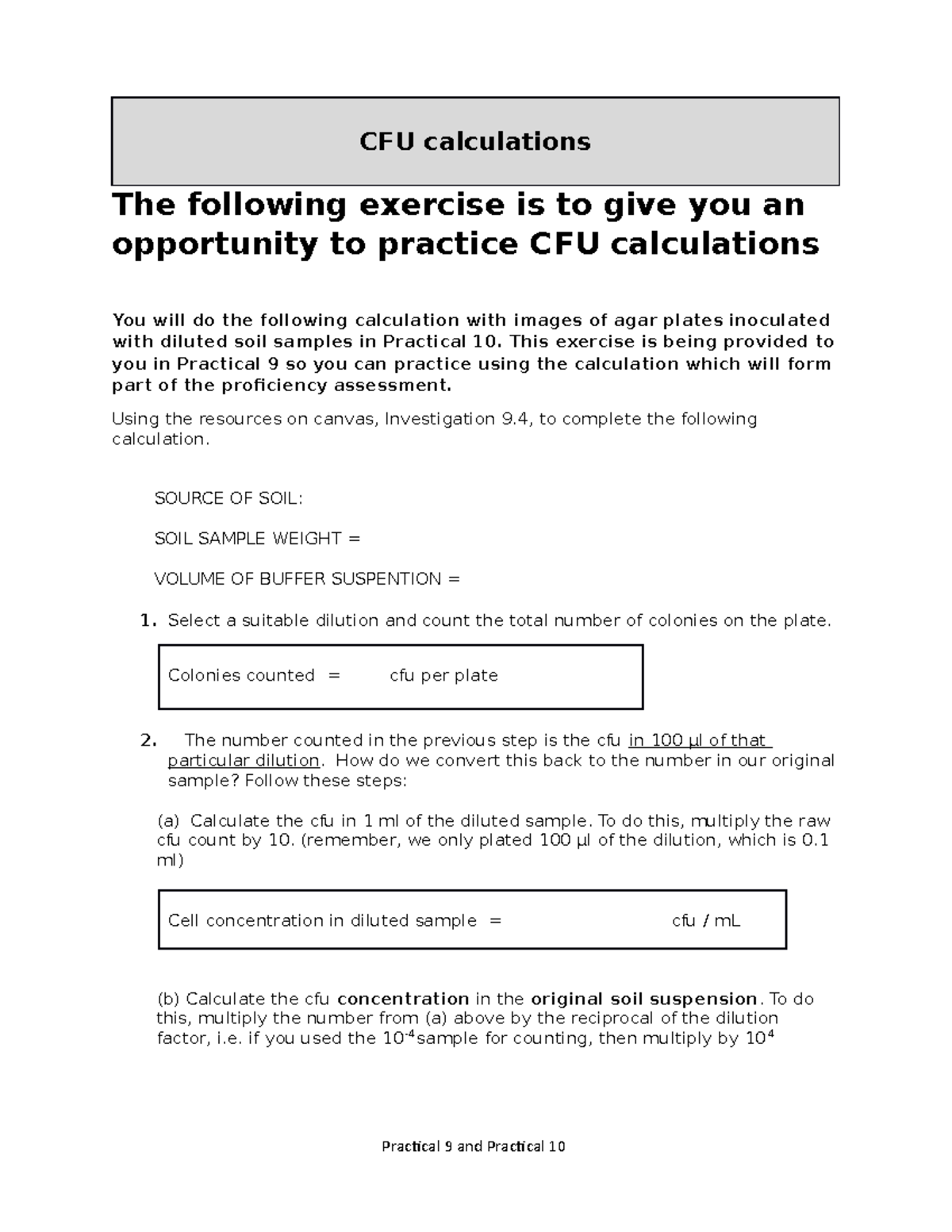 CFU Calculations Worksheet for BIOL1007: Practice for Practical 9 & 10 ...