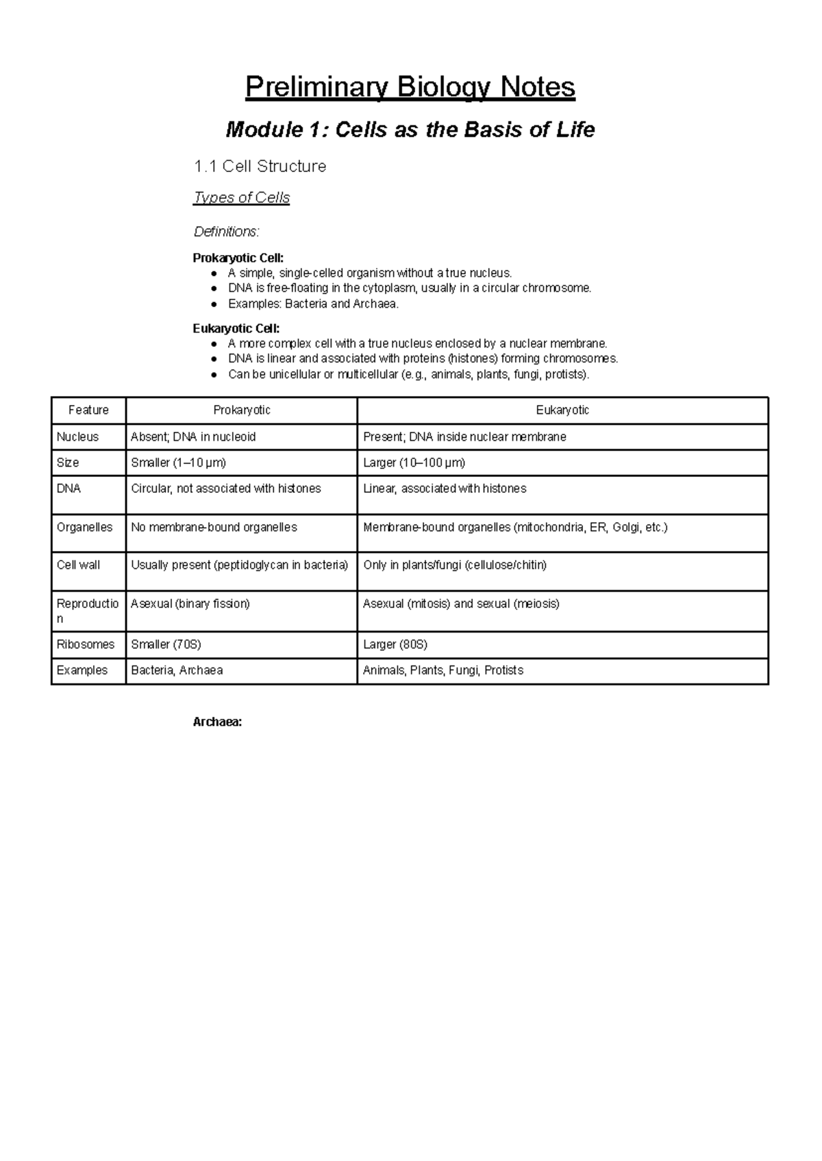 Biology Notes: Module 1 - Cells & Evolutionary Change Overview - Studocu