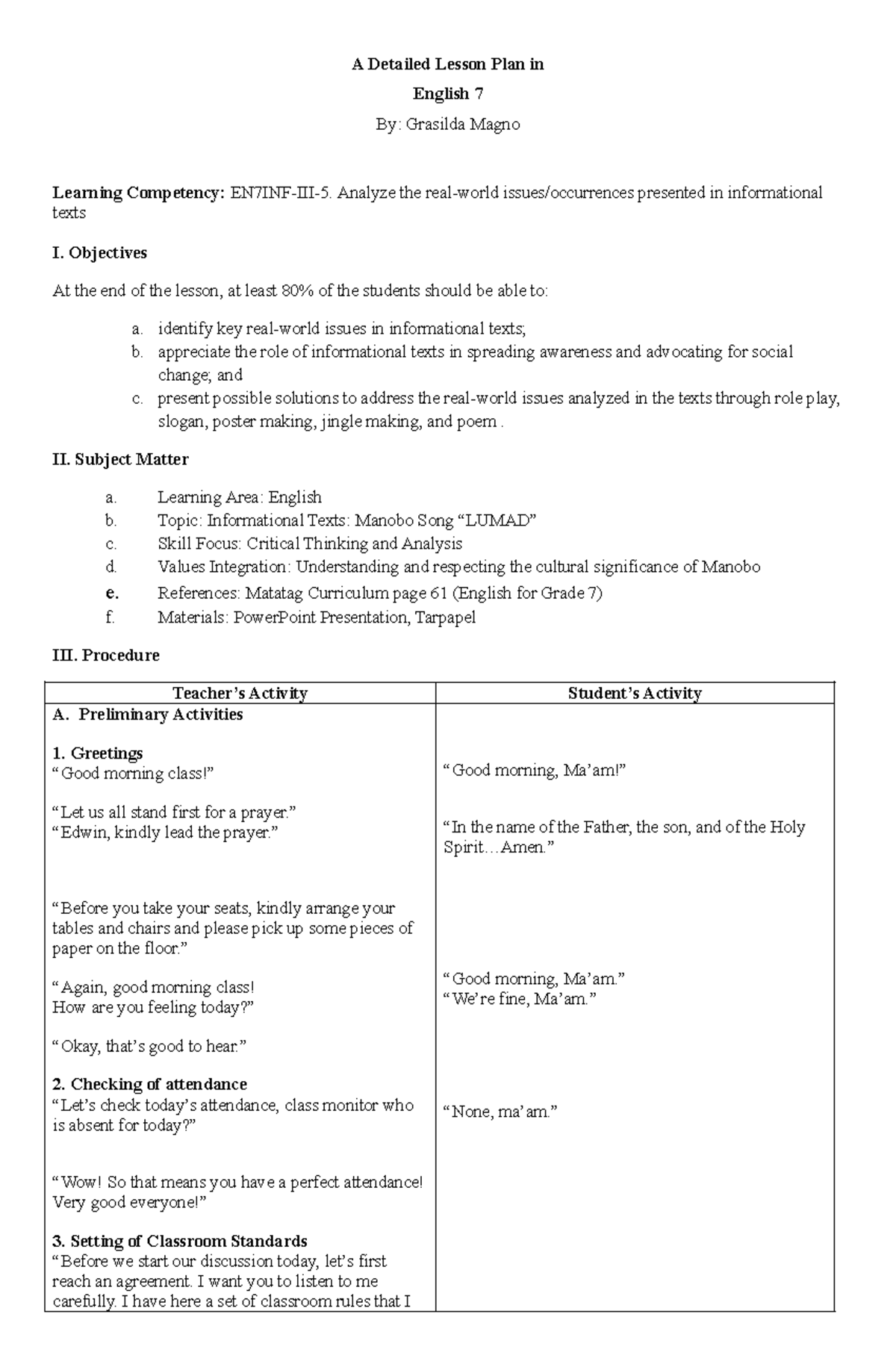 EN7 Detailed Lesson Plan on Real World Issues in Informational Texts ...