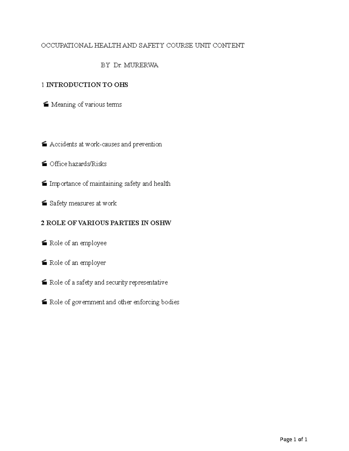 Health and safety notes - OCCUPATIONAL HEALTH AND SAFETY COURSE UNIT ...