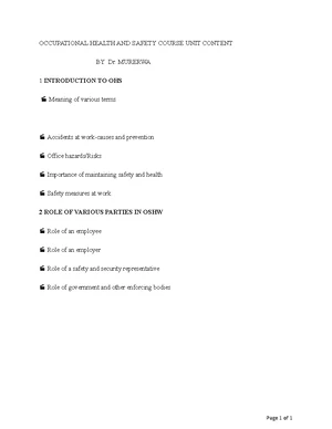 Health and safety notes - OCCUPATIONAL HEALTH AND SAFETY COURSE UNIT ...