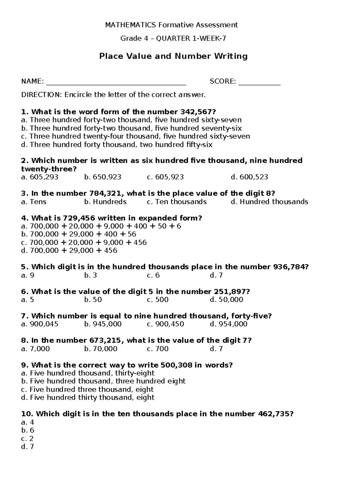 MATHEMATICS Formative Assessment Grade 4: Place Value & Number Writing ...
