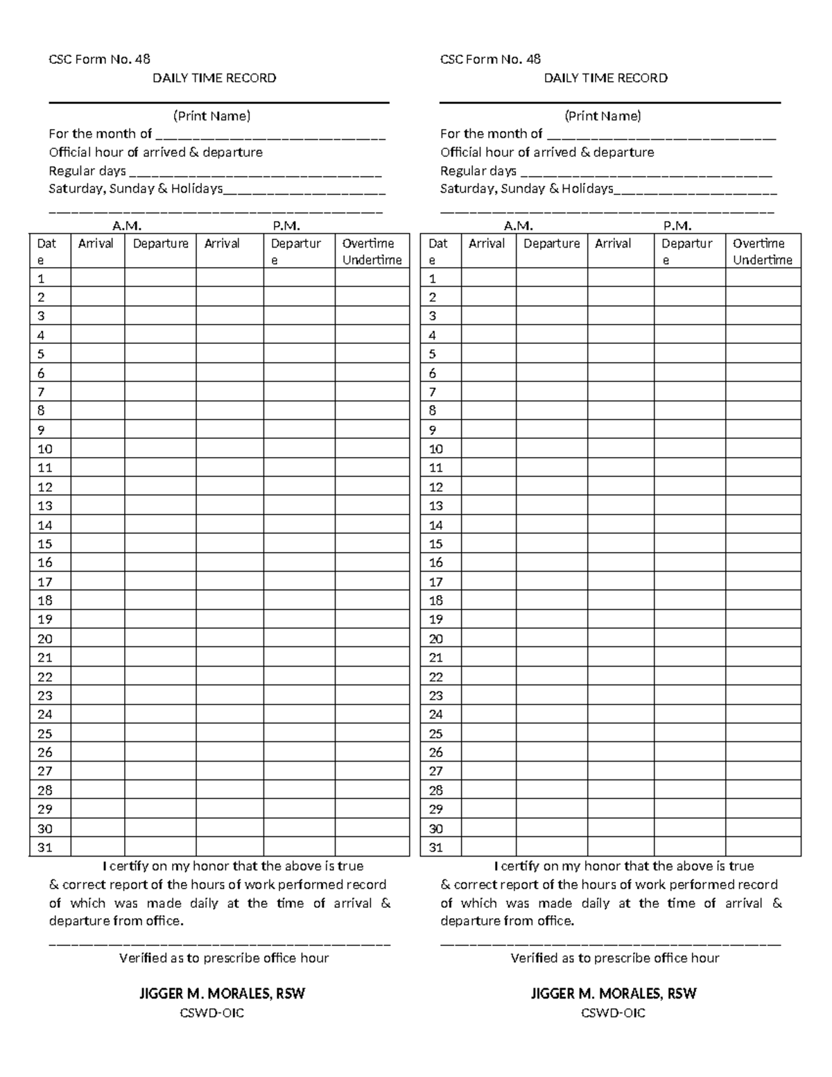 CSC Form No. 48: Daily Time Record for Resly - Studocu