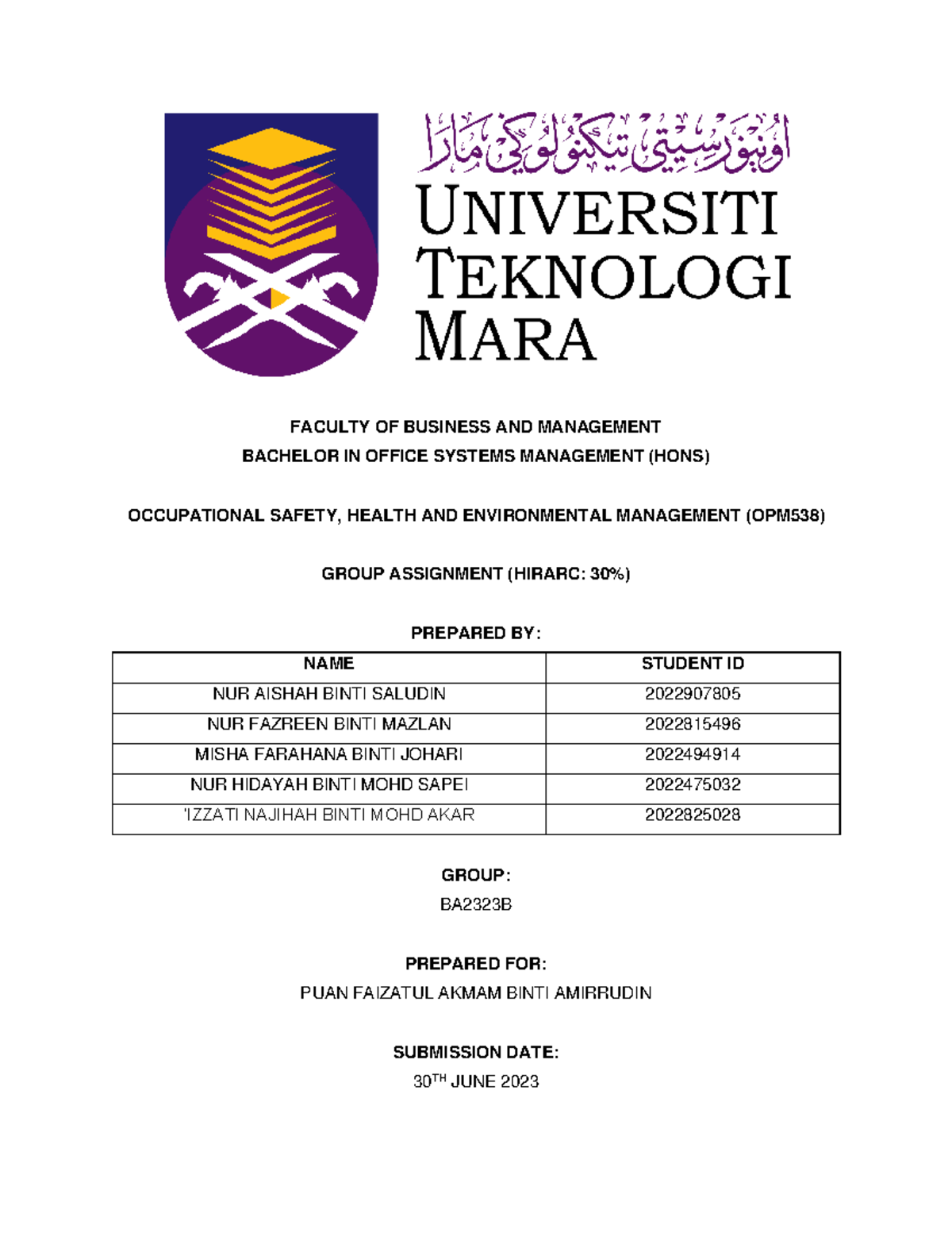 OPM538 Group Assignment: HIRARC Analysis for BBR Construction Systems - Studocu