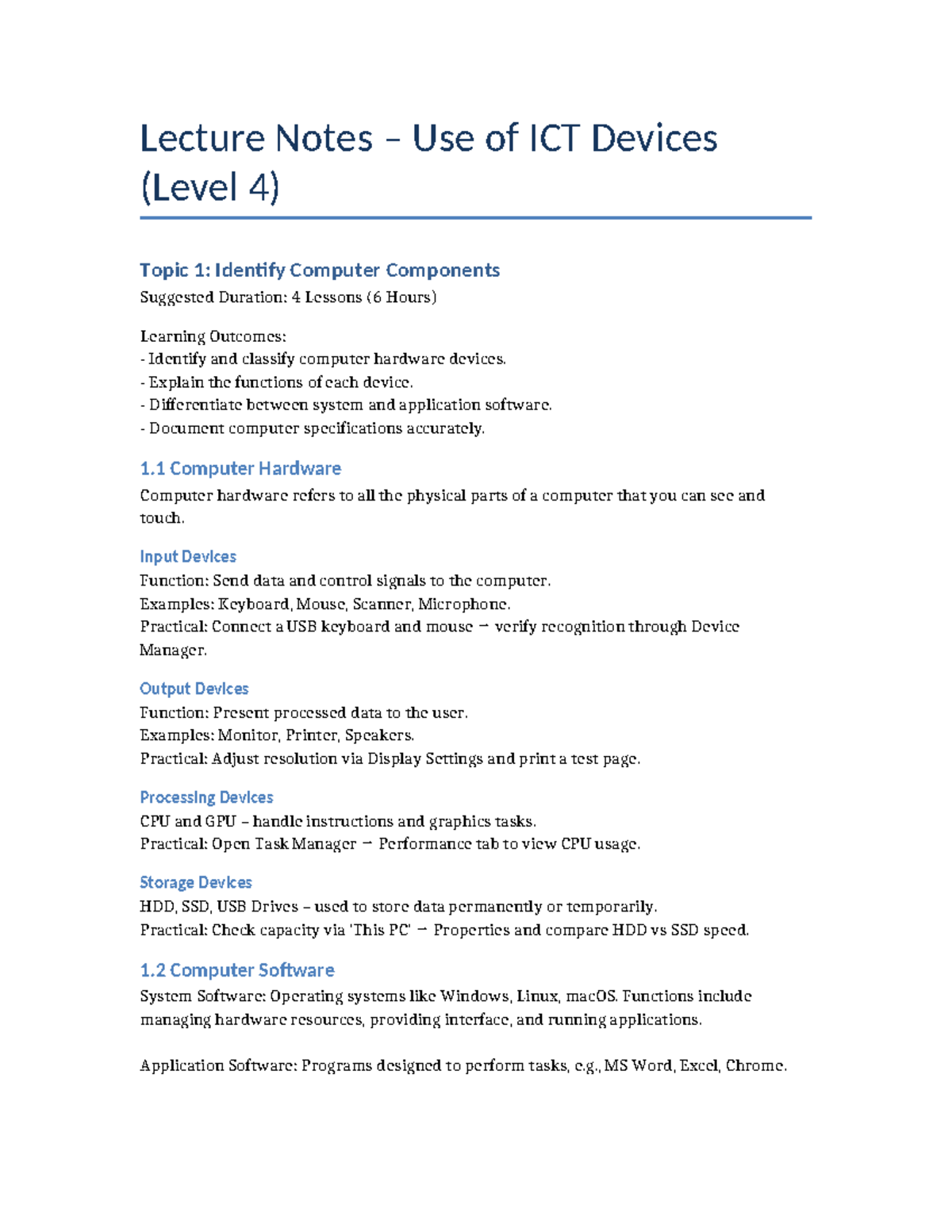 Level 4 Lecture Notes: Use of ICT Devices - Computer Components ...