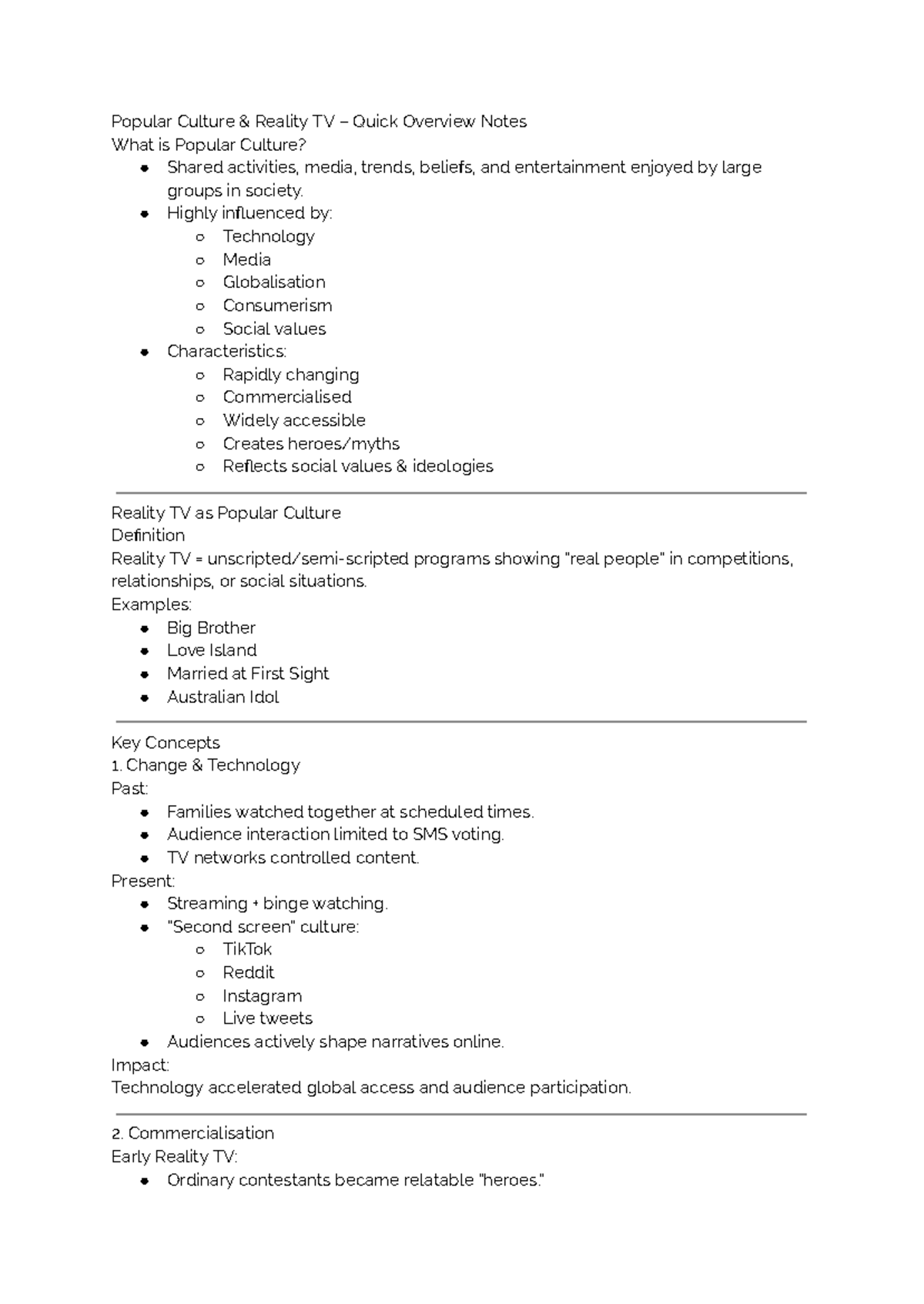 Popular Culture & Reality TV (Overview Notes) - Studocu